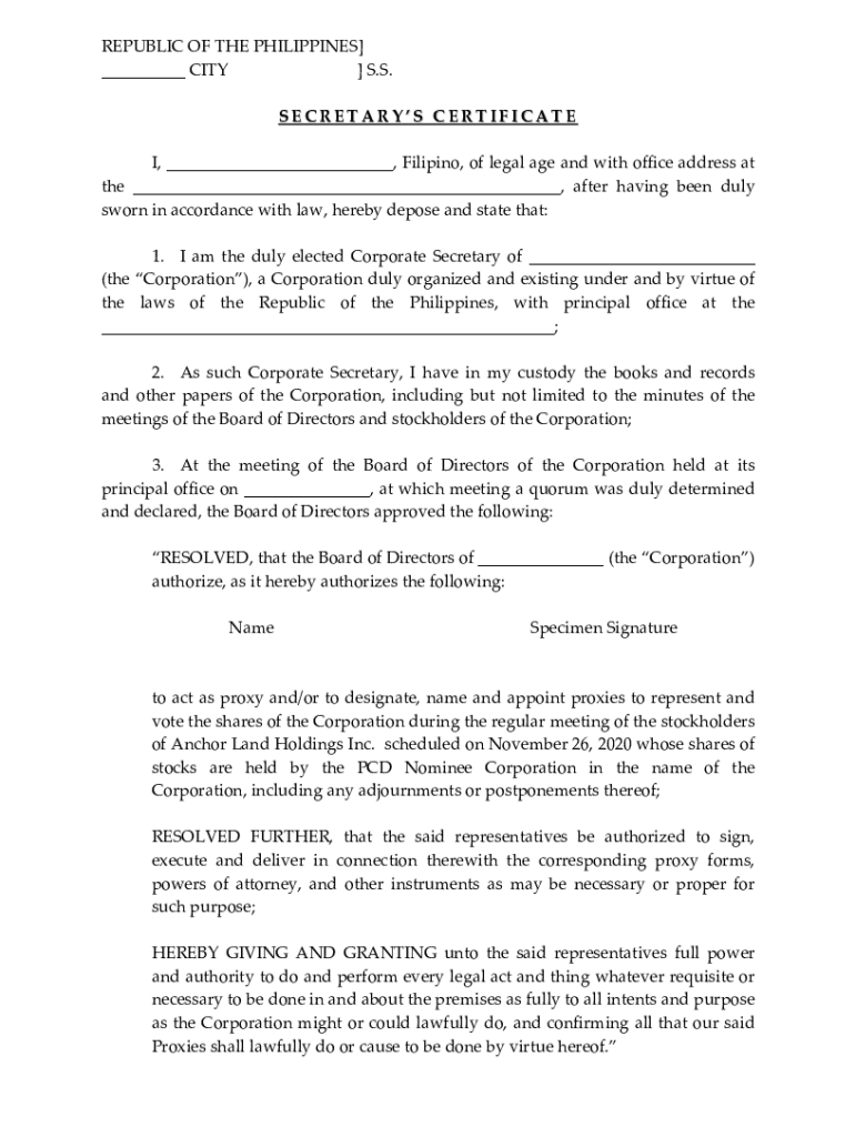 Fillable Online Draft Sample of Secretary's Certification - ICTSI Fax ...