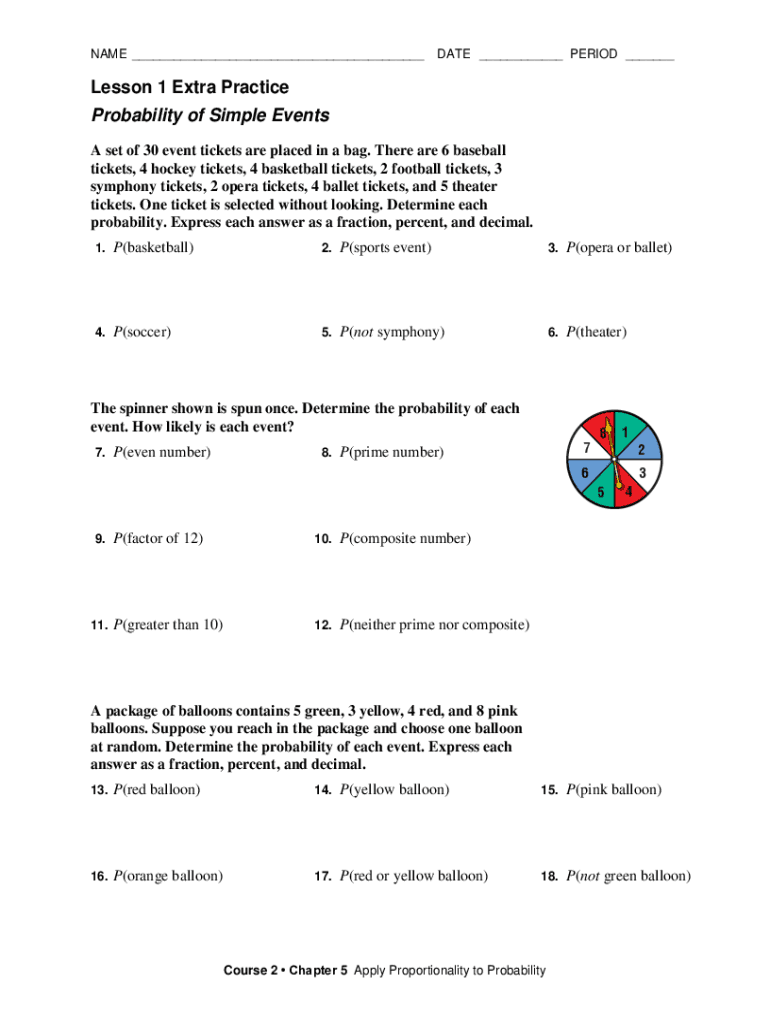 Fillable Online Lesson 1 Skills Practice - Probability of Simple Events ...