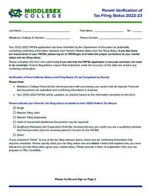 Fillable Online Parent Verification of Tax Filing Status - Middlesex ...