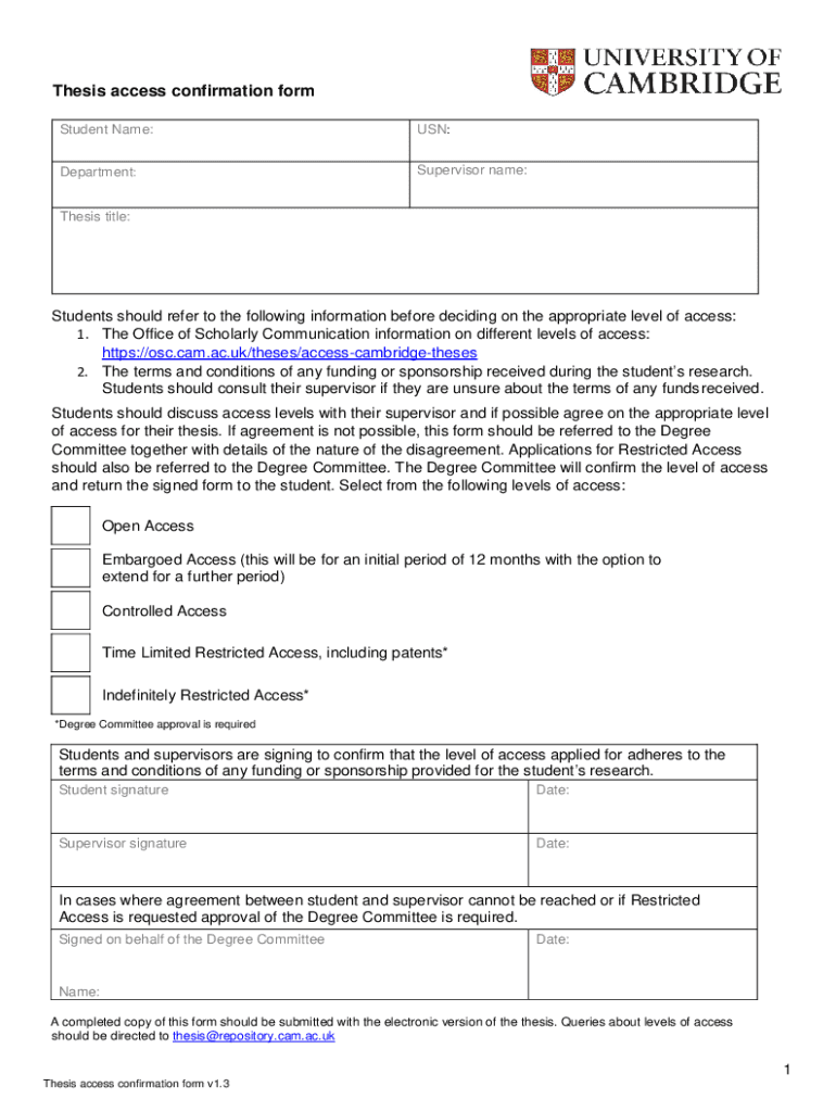 Fillable Online 1 Thesis access confirmation form If you are submitting ...