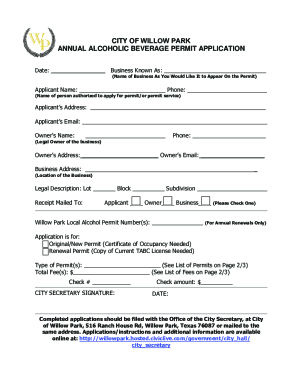 Fillable Online city of willow park annual alcoholic beverage permit ...