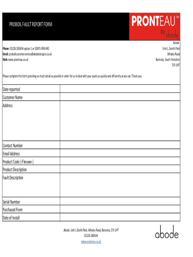 Fillable Online Pronteau - Proboil Fault Report Form Fax Email Print ...
