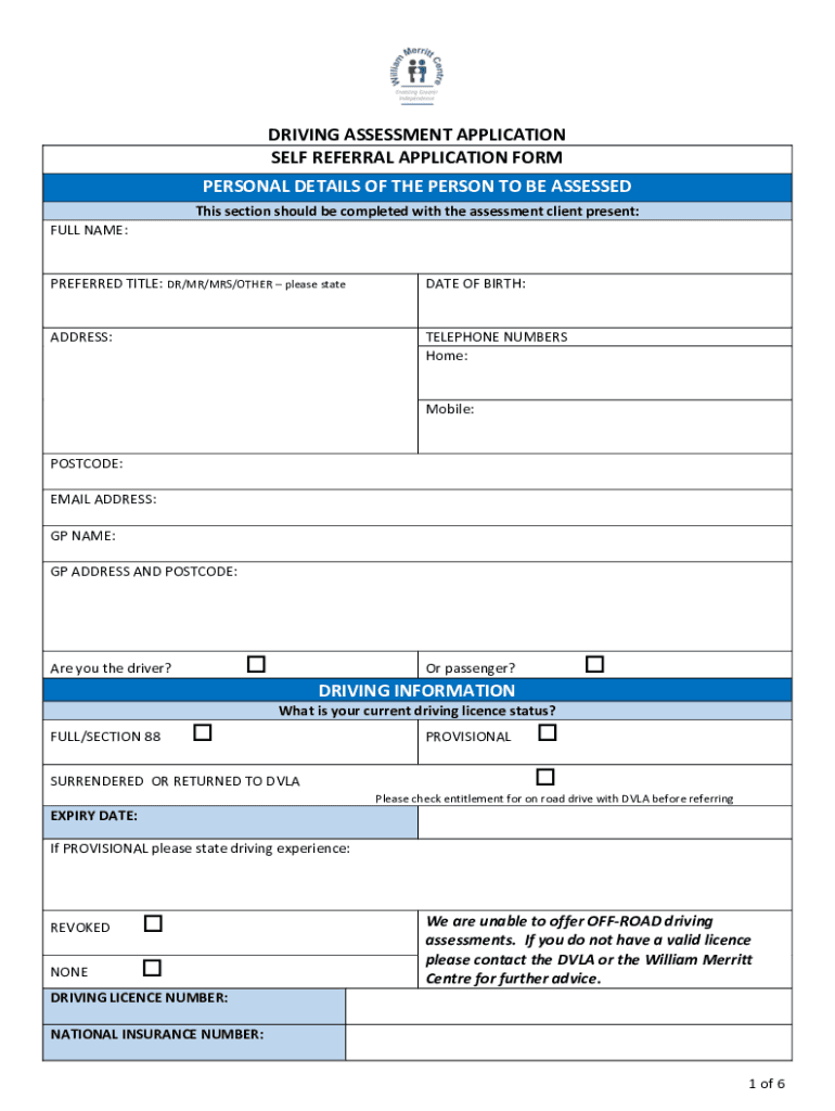 Fillable Online self referral application form - personal details of ...