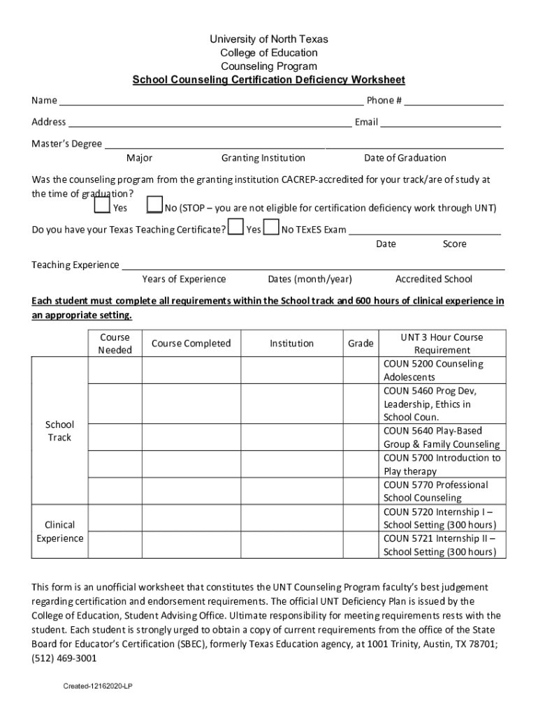 Fillable Online coe unt School Counseling Certification Deficiency ...