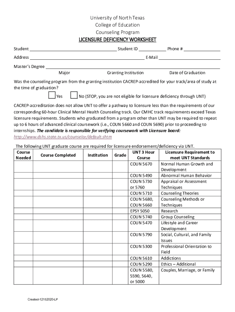 Fillable Online coe unt LPC Deficiency Worksheet - College of Education ...