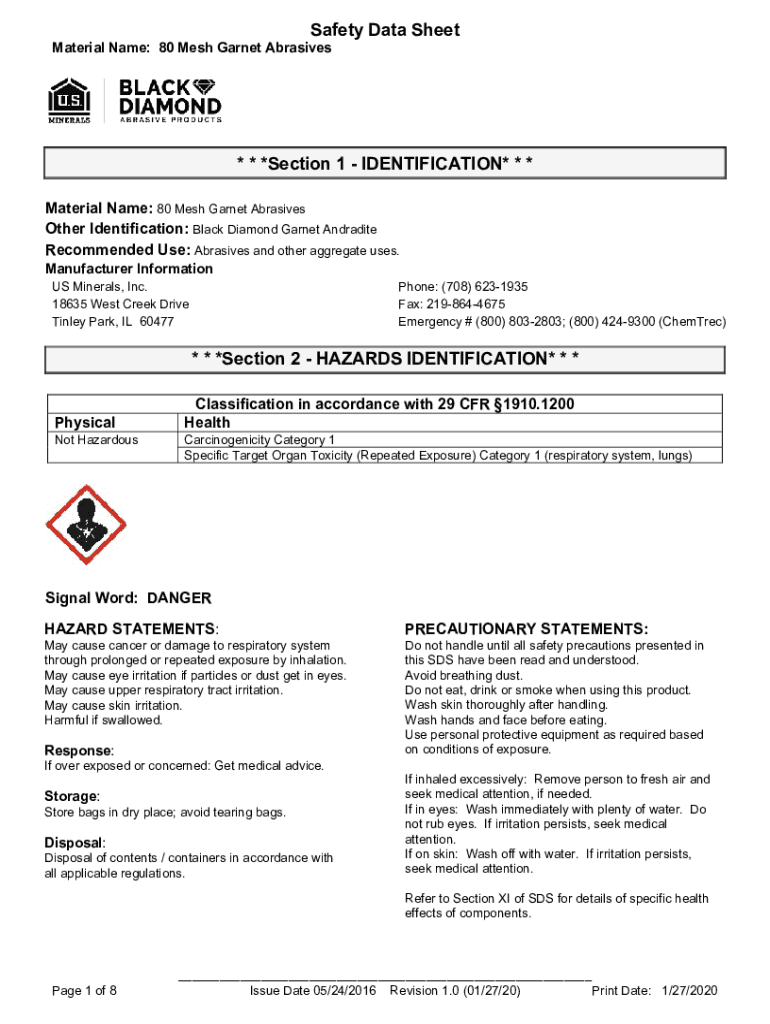 Fillable Online Garnet 80: Material Safety Data Sheet - Storm Machinery Fax Email Print - pdfFiller