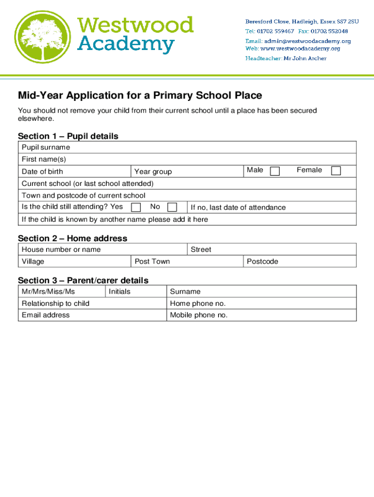 Fillable Online Secondary School Mid Year Application Form - Buttsbury ...