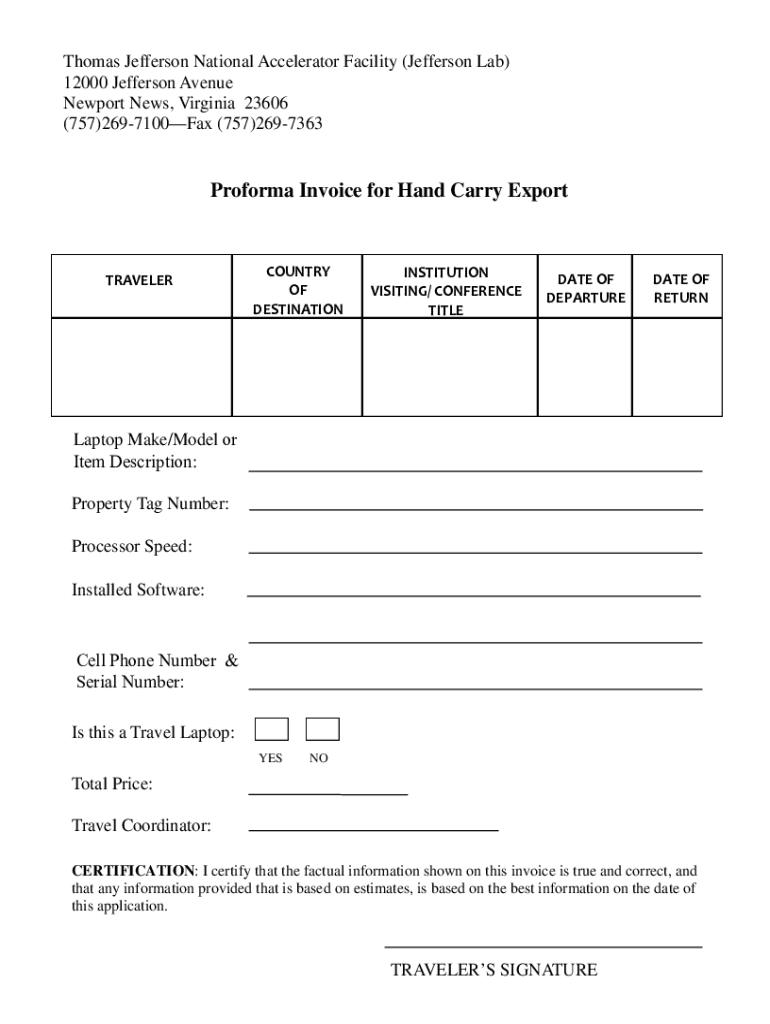 Fillable Online Hand Carry Proforma Form - Jefferson Lab Fax Email ...