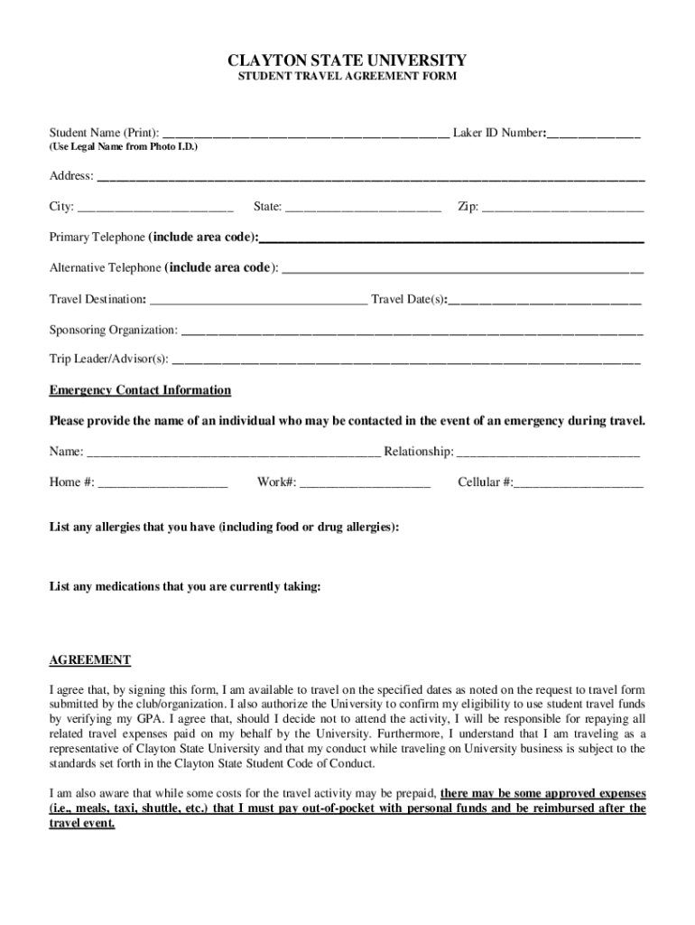 Fillable Online STUDENT TRAVEL AGREEMENT FORM Fax Email Print - pdfFiller