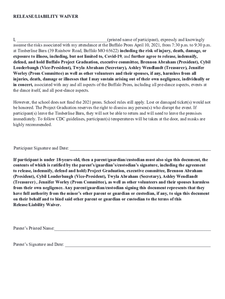 Fillable Online assumption of risk waiver for prom attendance - AWS Fax ...