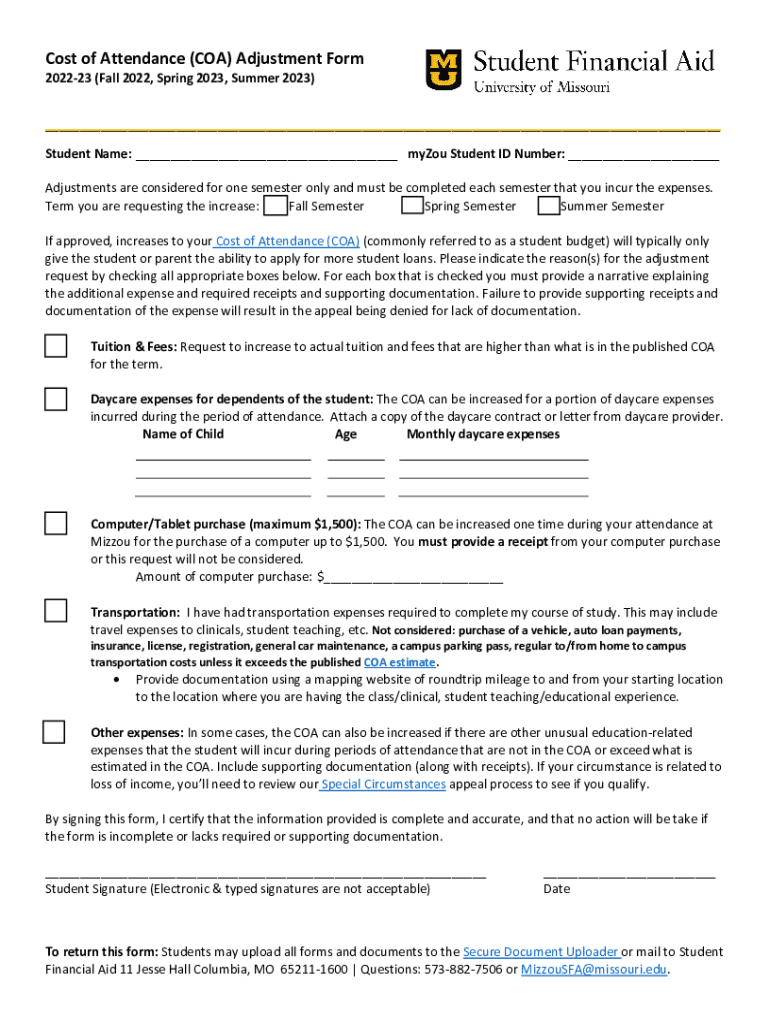 Fillable Online financialaid missouri Cost of Attendance (COA ...