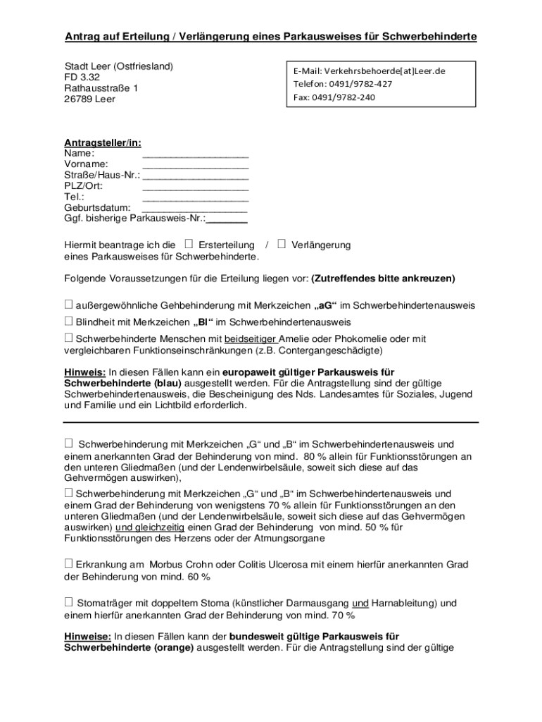 Ausfüllbar Online Antrag auf Erteilung / Verlngerung eines Parkausweises fr ... Fax Email ...