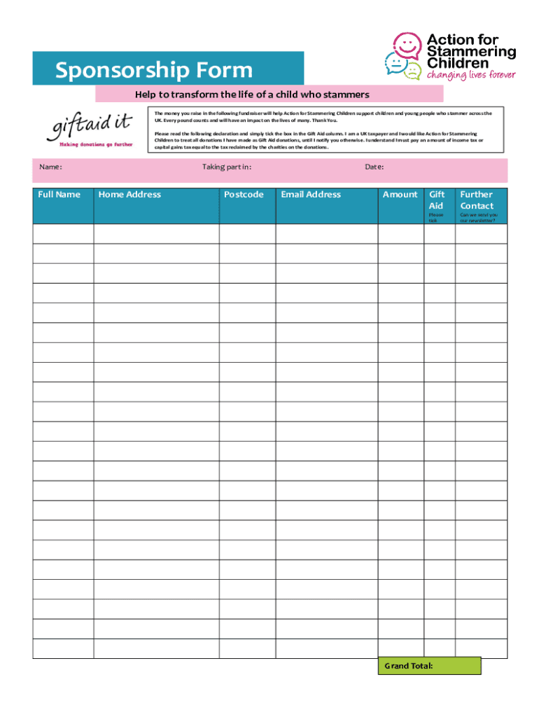 Fillable Online Sponsorship Form - Action for Stammering Children Fax ...