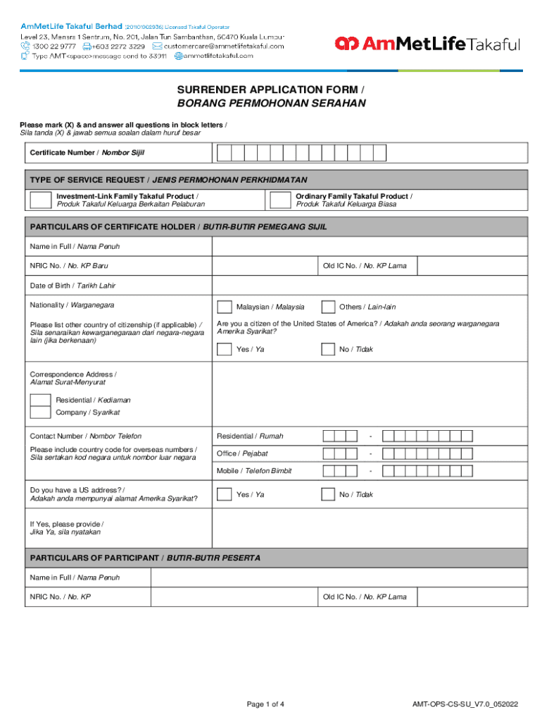 Fillable Online Application Form For Surrender Of Policy / Borang ... Fax Email Print - pdfFiller