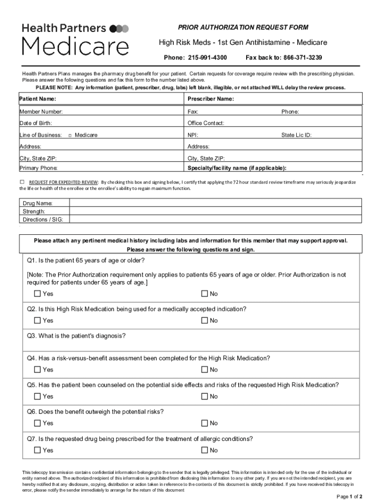Fillable Online High Risk Meds - 1st Gen Antihistamine - Medicare - Phone Fax Email Print ...