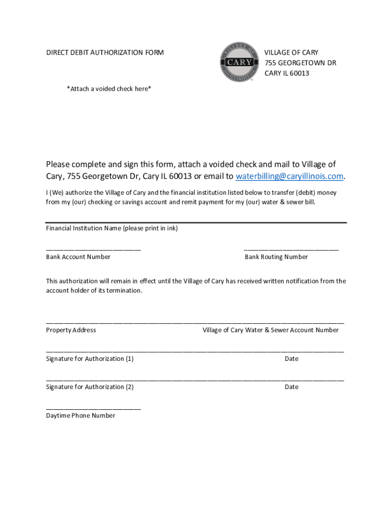 Fillable Online direct debit authorization form village of cary 755 ...
