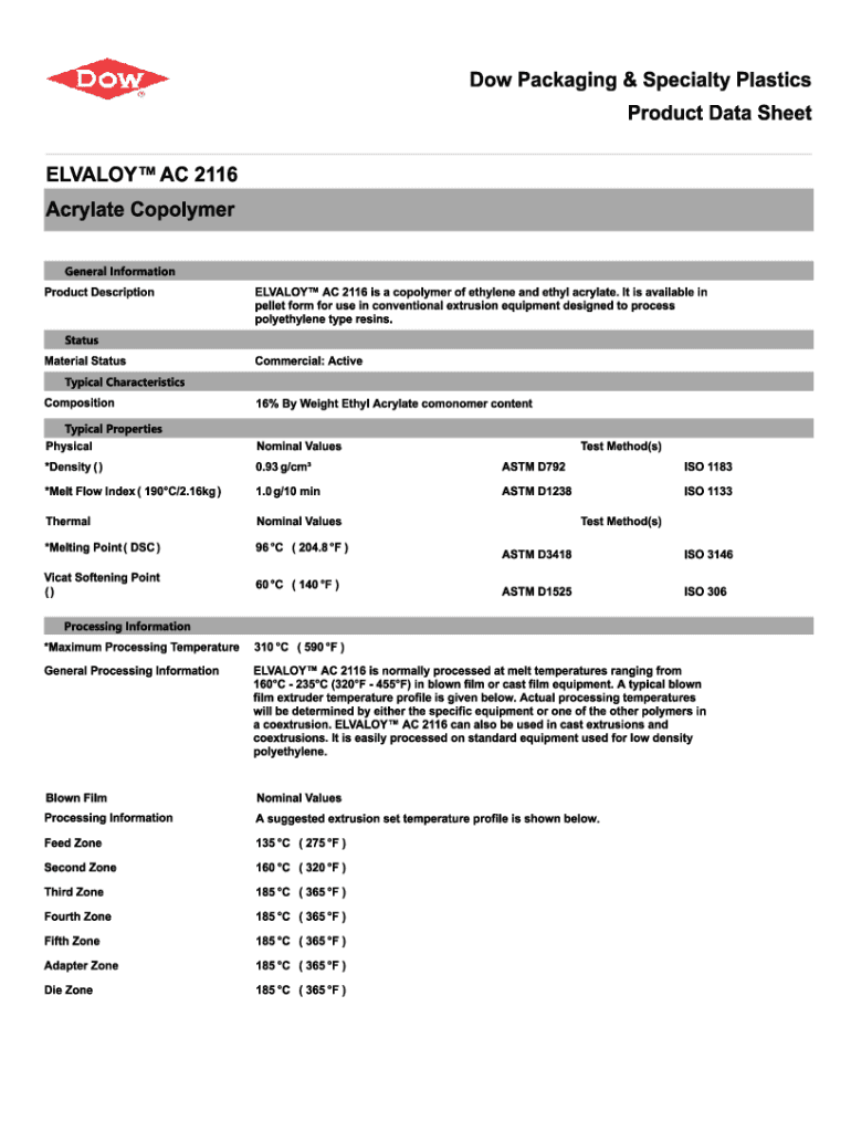 Fillable Online ELVALOY AC 2116 Acrylate Copolymer Technical Data Sheet ...