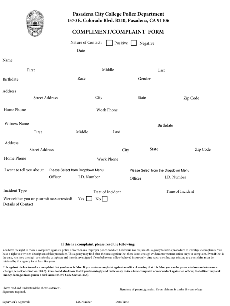 Fillable Online Pasadena City College Police Department Contact Form ...