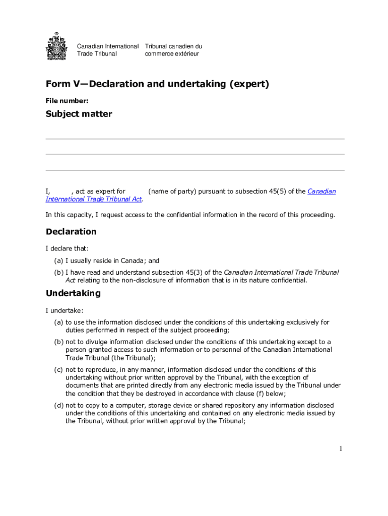 Fillable Online citt-tcce gc Form VDeclaration and undertaking (expert) Fax Email Print - pdfFiller