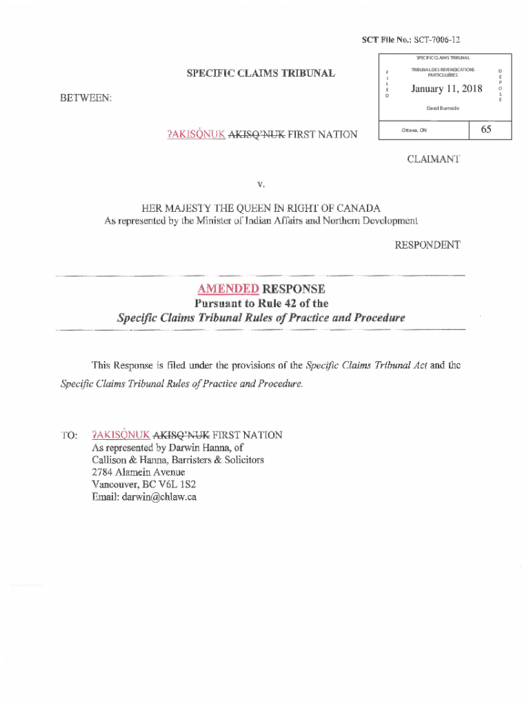 Fillable Online AMENDED RESPONSE - Specific Claims Tribunal Fax Email ...