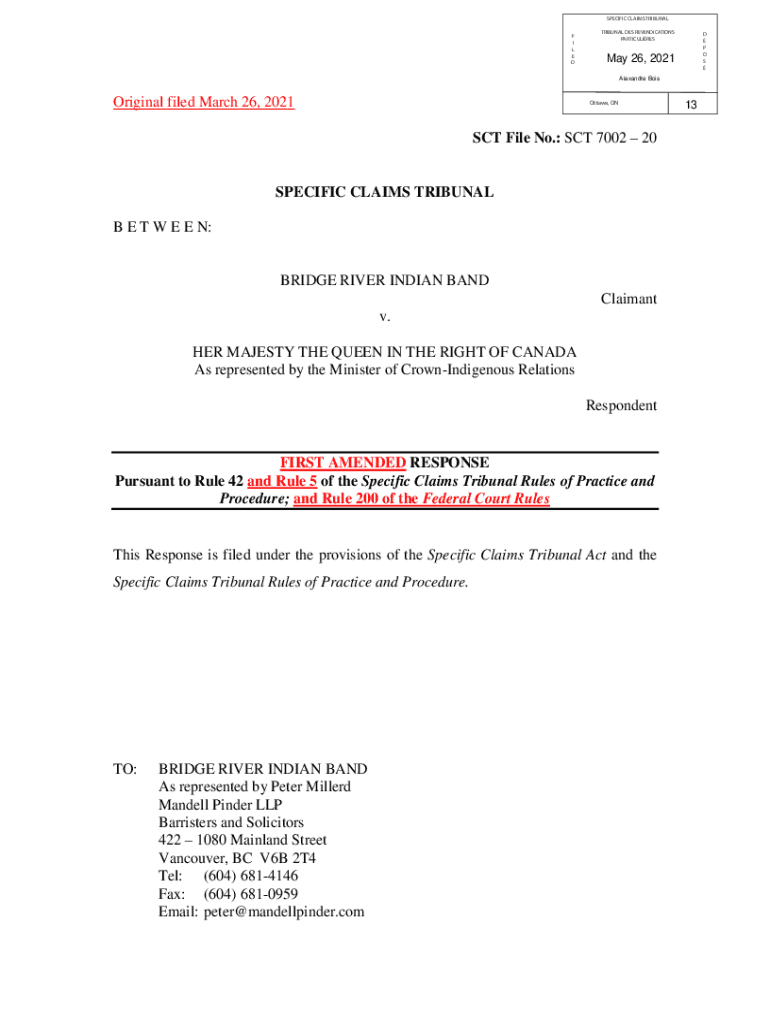 Fillable Online BRIDGE RIVER INDIAN BAND Cla - Specific Claims Tribunal ...