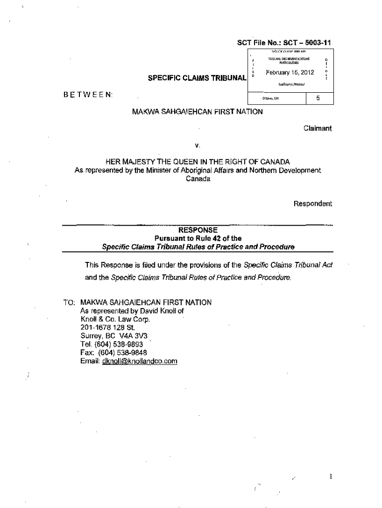 Fillable Online Specific Claims Tribunal Canada Fax Email Print - pdfFiller