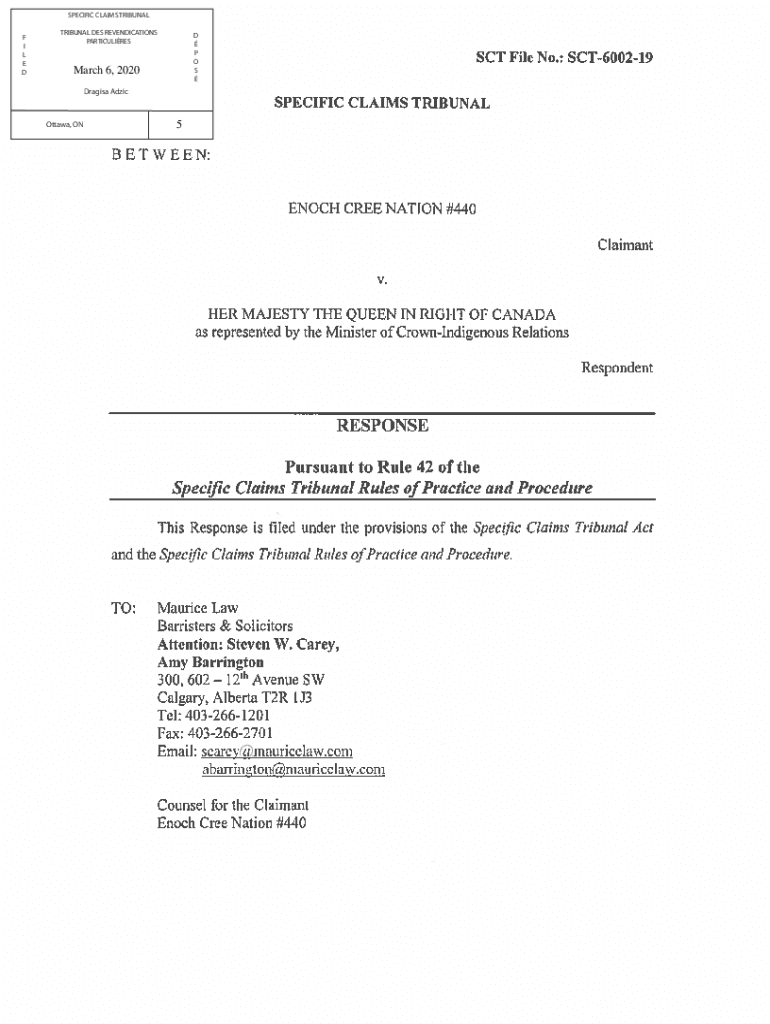 Fillable Online RESPONSE - Specific Claims Tribunal Fax Email Print ...
