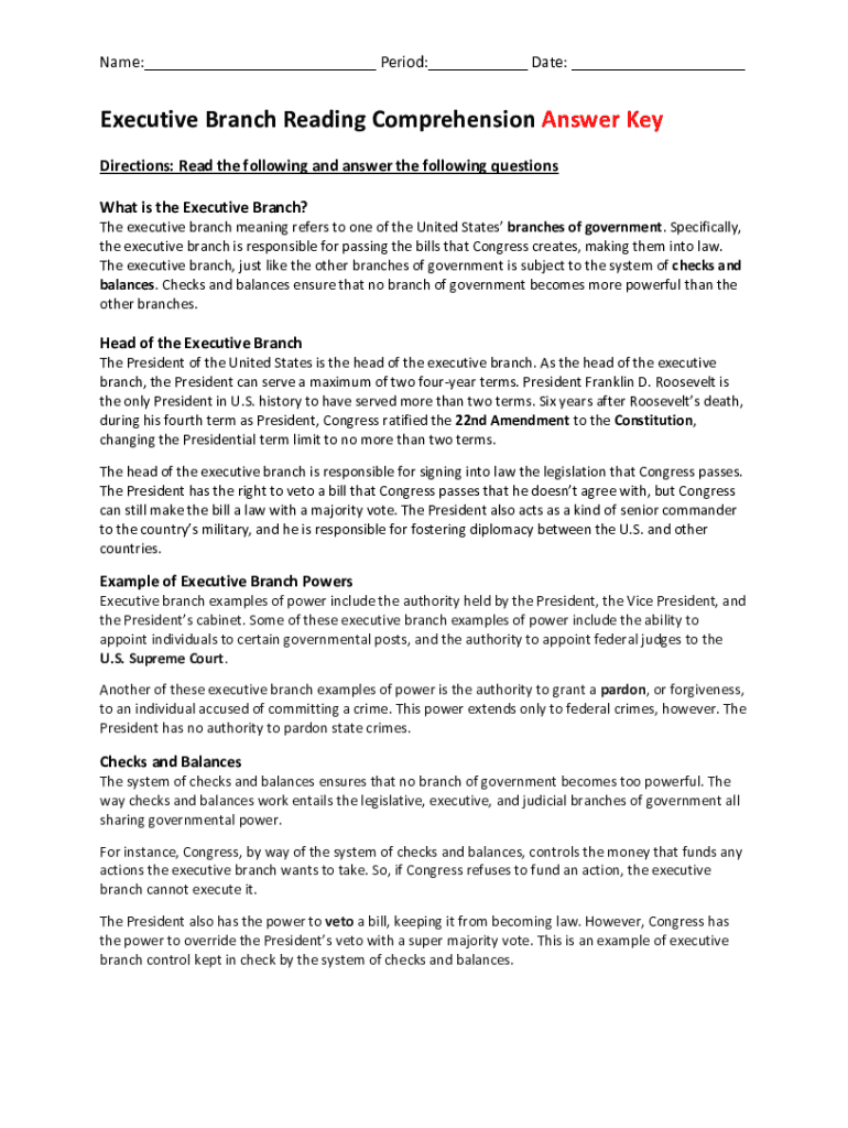 Fillable Online Executive Branch Reading Comprehension Answer Key Fax ...