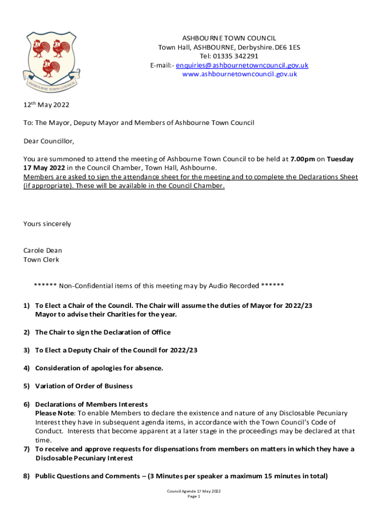 Fillable Online Ashbourne (Town Council)Derbyshire Association of Local ...
