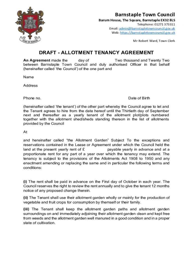Fillable Online allotment tenancy agreement - Barnstaple Town Council ...