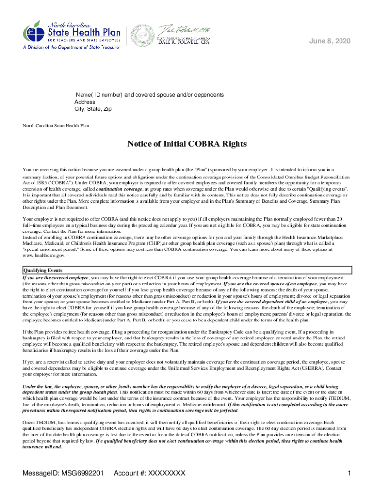 Fillable Online Notice of Initial COBRA Rights - NC State Health Plan ...
