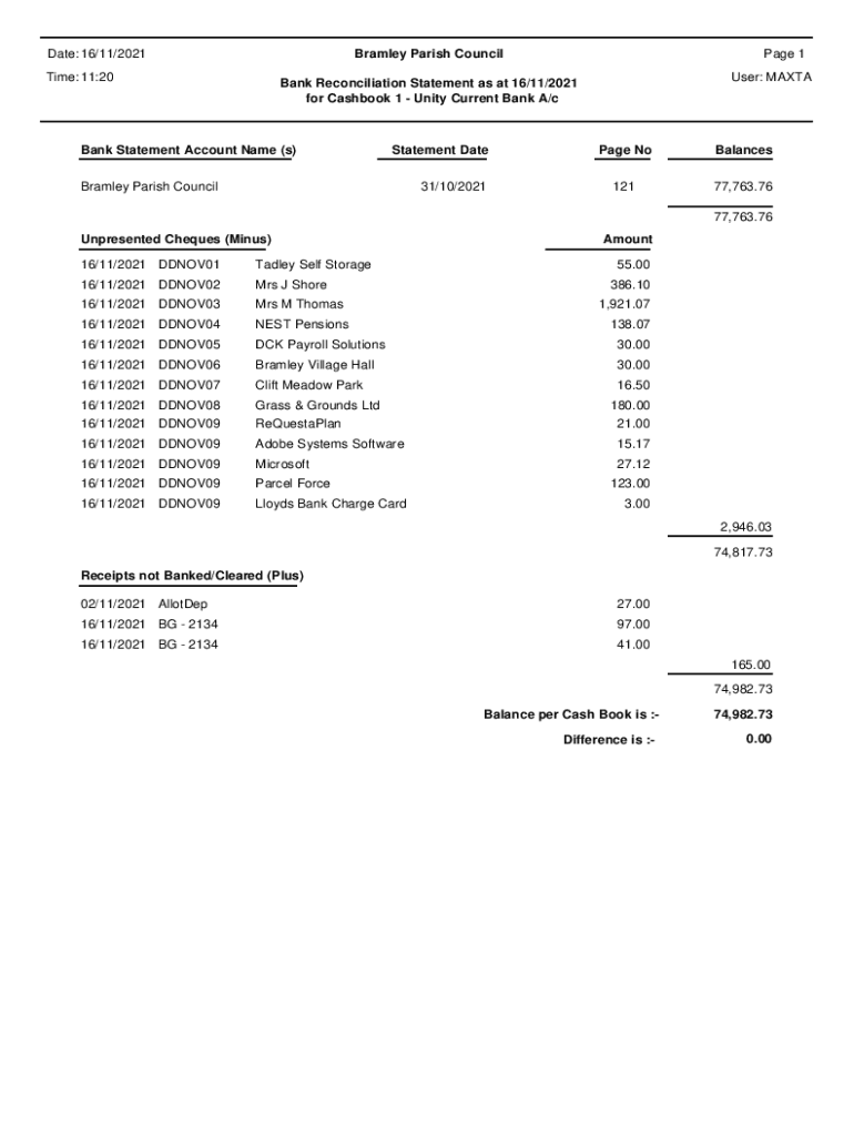 Fillable Online User: MAXTA Bank Reconciliation Statement as at 16/11 ...