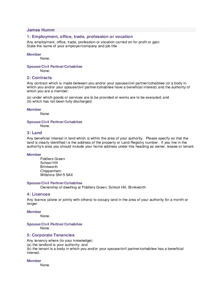 Fillable Online James Humm 1: Employment, office, trade, profession or ...