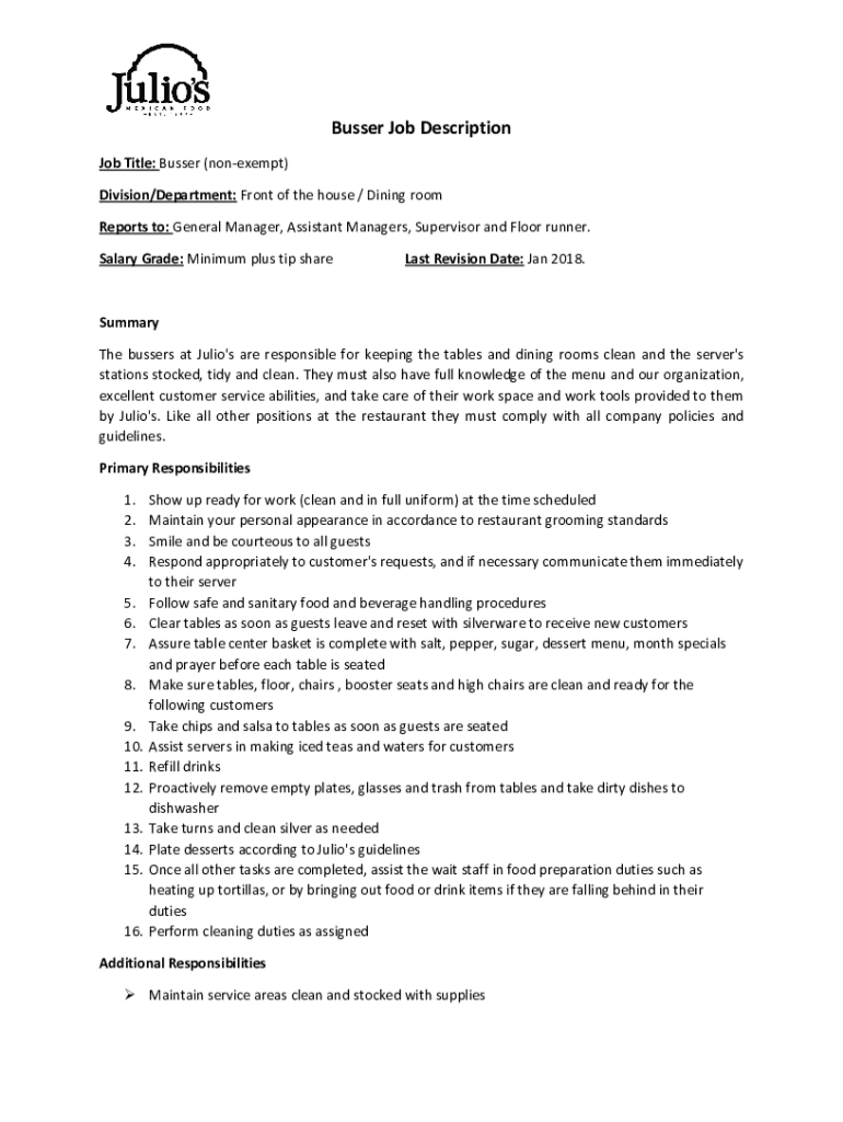 Fillable Online Busser Job Description Template - Monster for Employers ...
