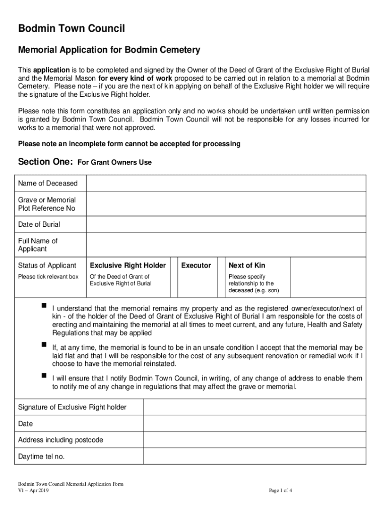 Fillable Online Memorial Application Form Apr 2019 - Bodmin Town Council Fax Email Print - pdfFiller