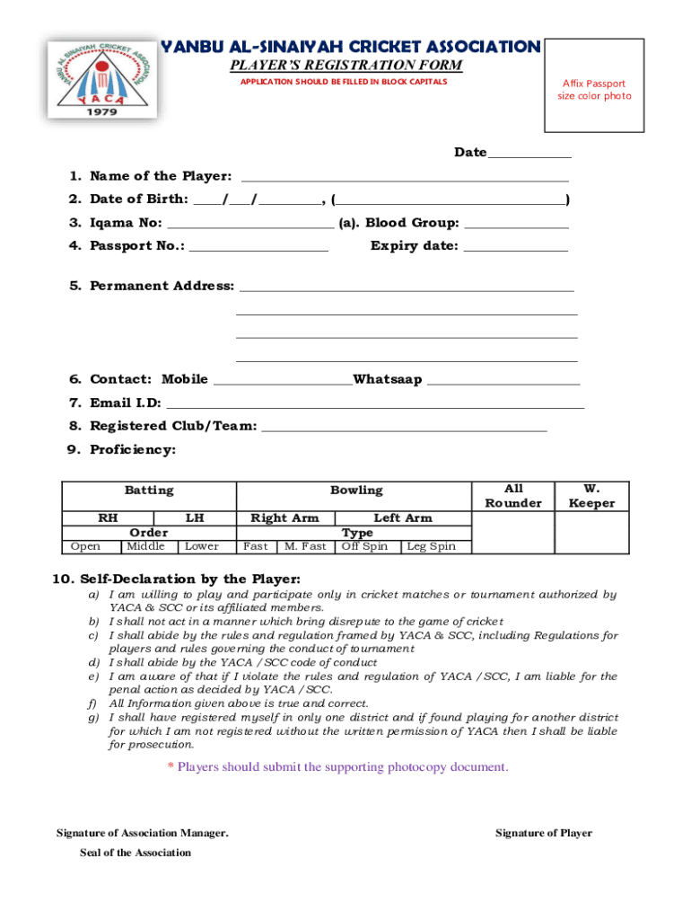 Fillable Online Players' Registration Form - Baroda Cricket Association ...