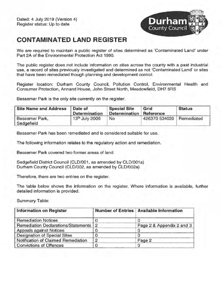 Fillable Online CONTAMINATED LAND REGISTER - Durham County Council Fax ...