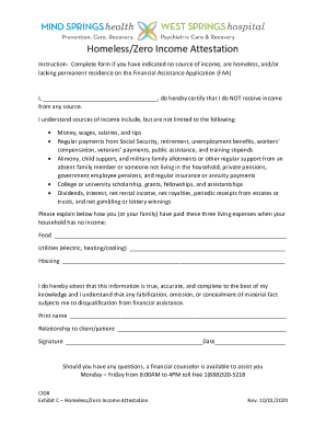 Fillable Online Homeless/Zero Income Attestation Mind Springs Health ...