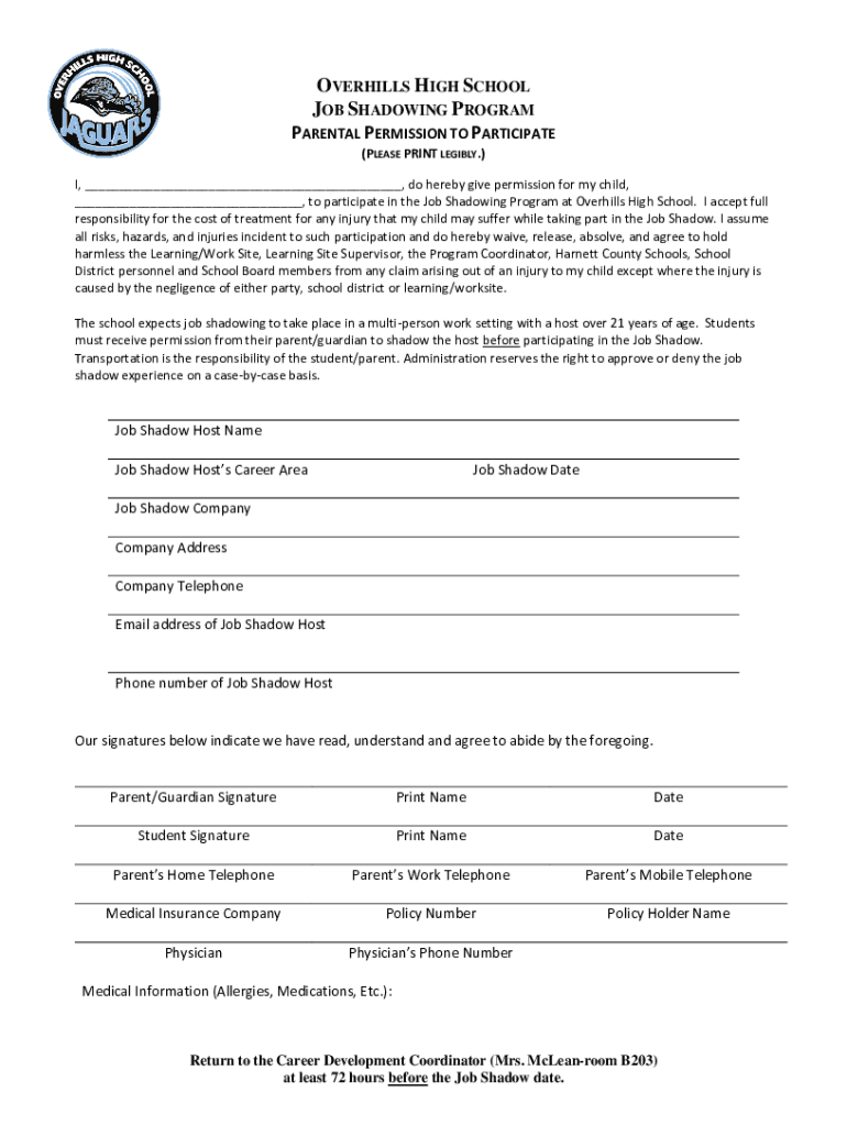 Fillable Online English 3 Job Shadowing Parental Permission Form - AWS ...