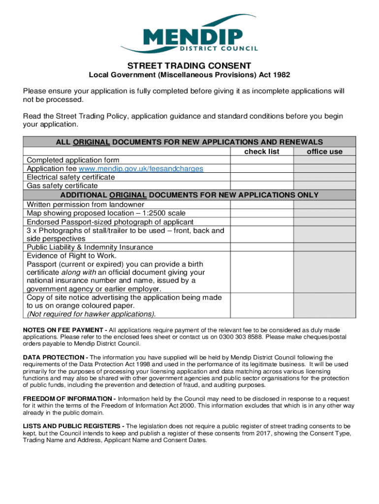 Fillable Online Street Trading Application Form - Mendip District ...