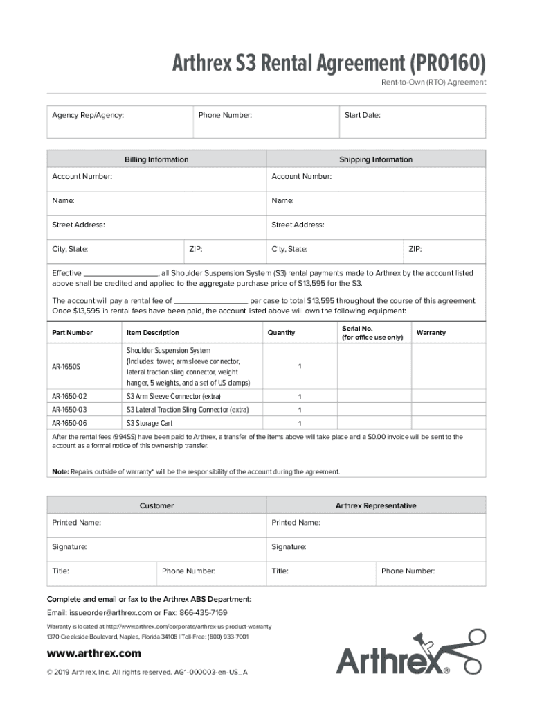 Fillable Online Arthrex S3 Rental Agreement (PRO160). Arthrex S3 Rental ...