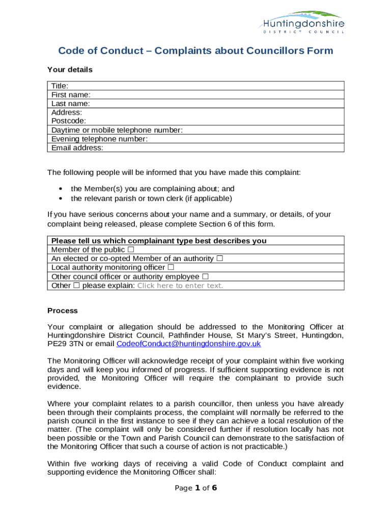 COMPLAINT Alleged Breach of Members' Code of ... Doc Template | pdfFiller