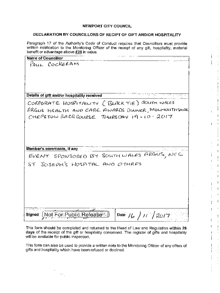 Fillable Online democracy newport gov Gifts, Benefits and Hospitality ...