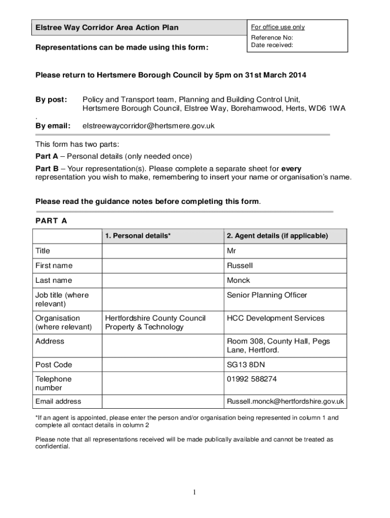 Fillable Online 1 Elstree Way Corridor Area Action Plan Representations ...