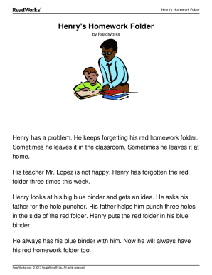 Fillable Online Henry's Homework Folder, First Grade Reading Passage ...
