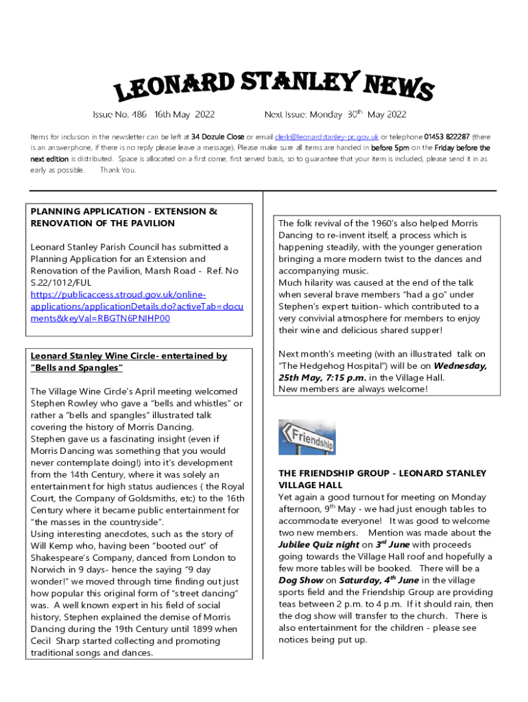 Fillable Online Issue No. 486 16th May 2022 - Leonard Stanley Parish Council Fax Email Print ...