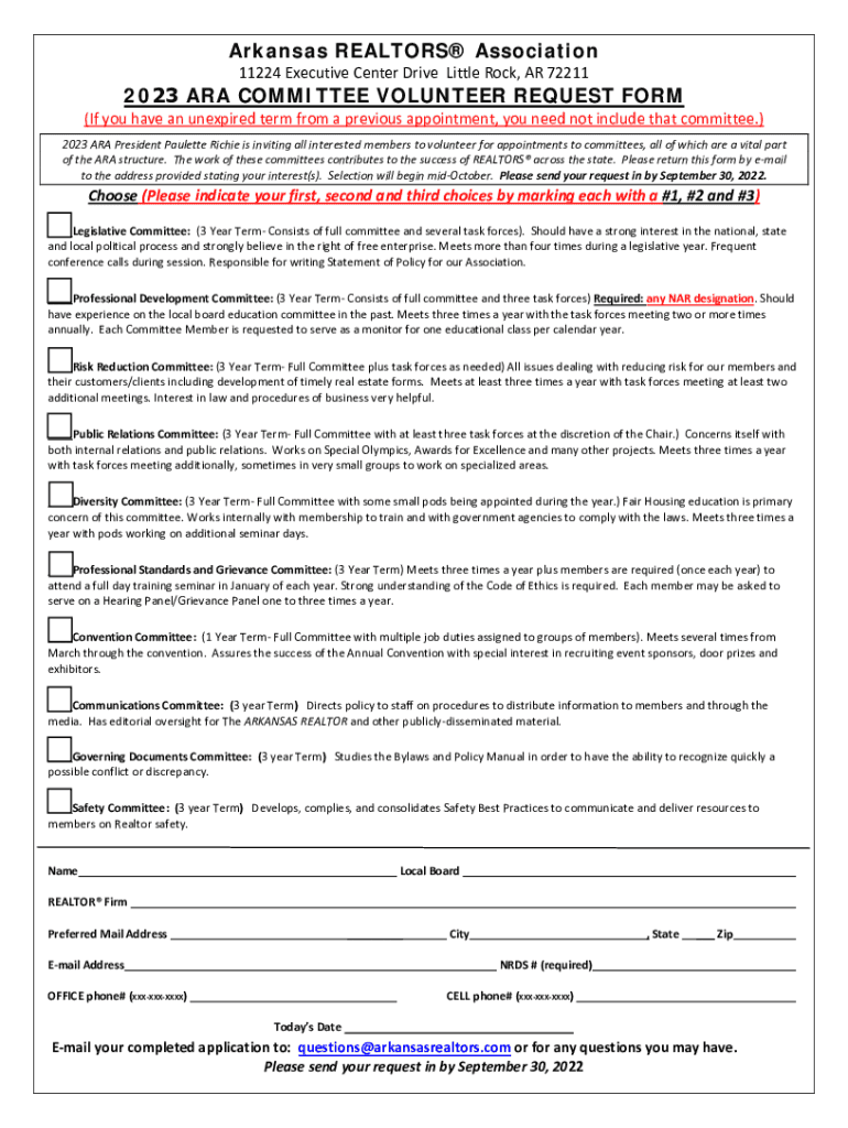 Fillable Online 2023 ara committee volunteer request form - cloudfront ...