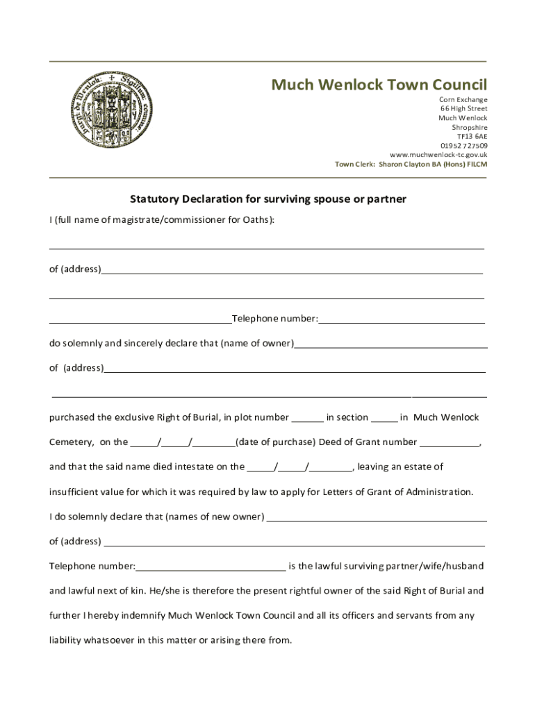 Fillable Online Statutory Declaration for surviving spouse or partner ...