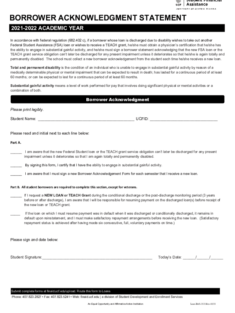 Fillable Online BORROWER ACKNOWLEDGMENT STATEMENT Fax Email Print ...