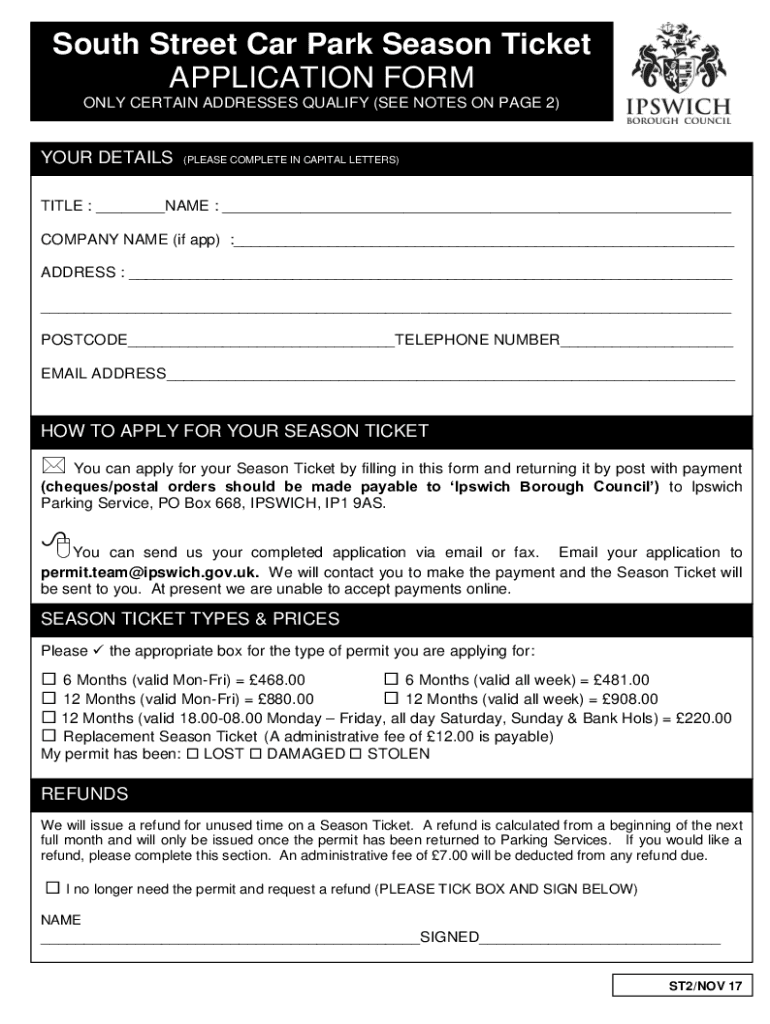 Fillable Online South Street Car Park Season Ticket APPLICATION FORM ...